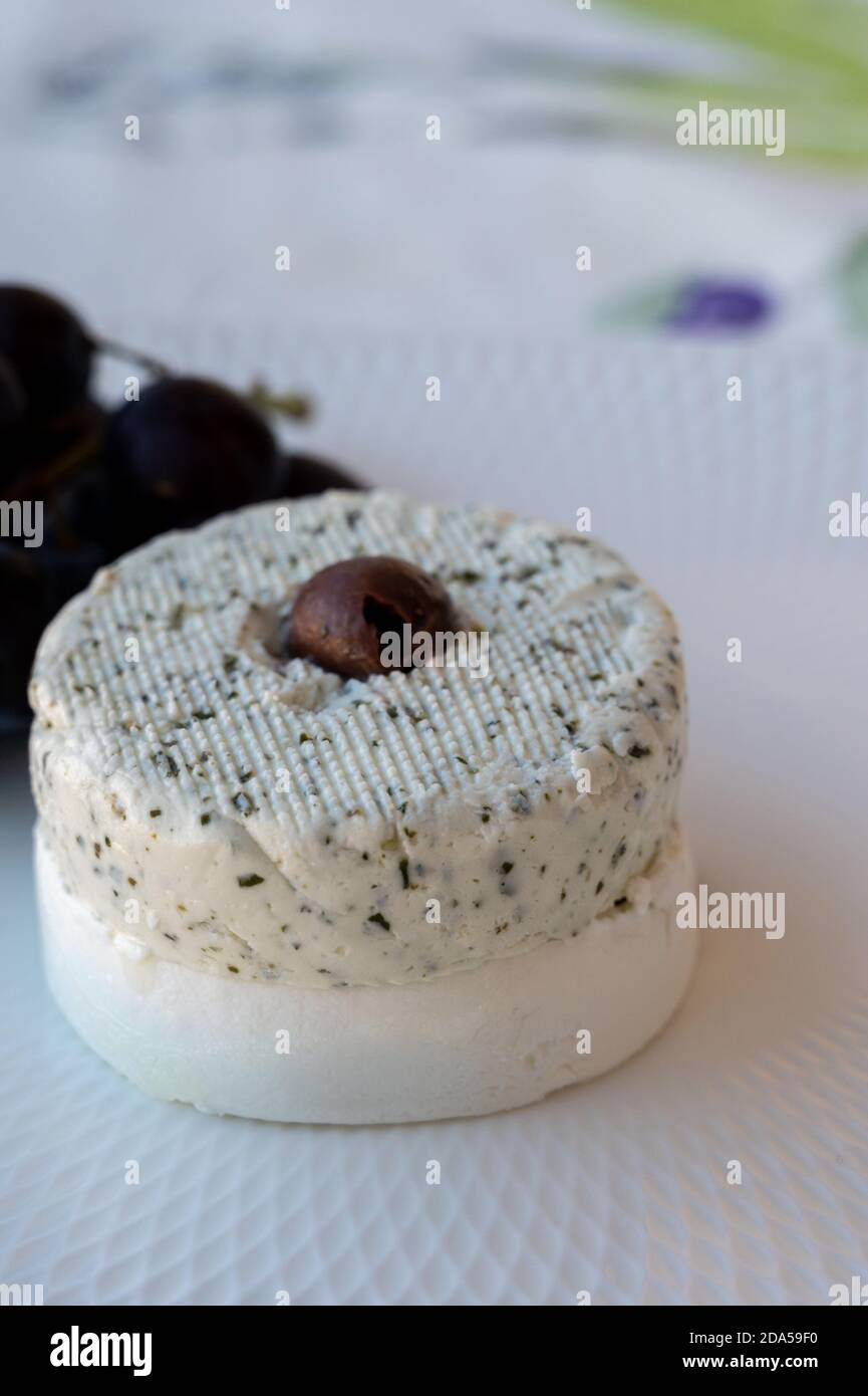Cheese collection, French soft white goat cheese with aromatic herbs of ...