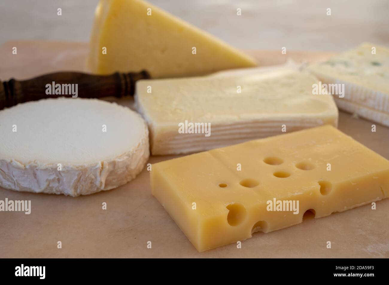 French cheese collection on marble board, emmental, carre de aurillac ...