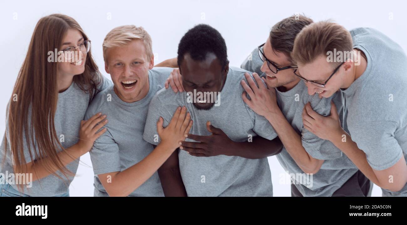 happy friends standing together . isolated on white Stock Photo - Alamy