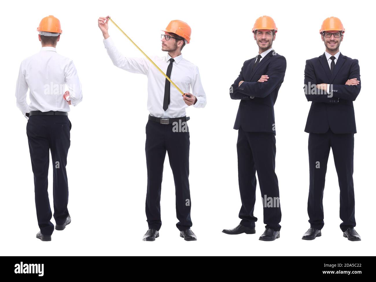 panoramic photo collage of architect engineer isolated on white Stock ...