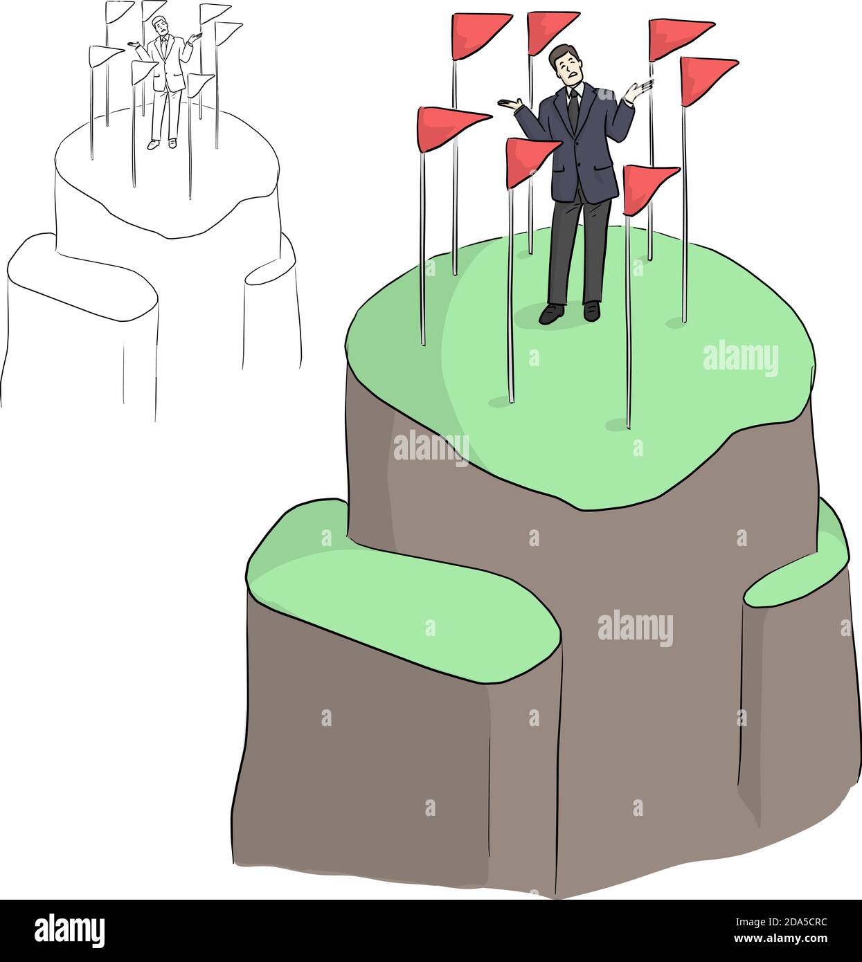 businessman with confusion and seven goal flags on the top of mountain ...