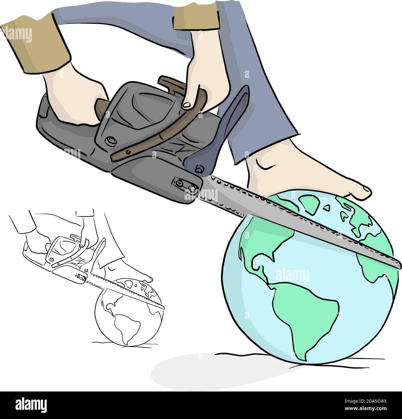 close-up cut the planet earth with chainsaw vector illustration sketch ...
