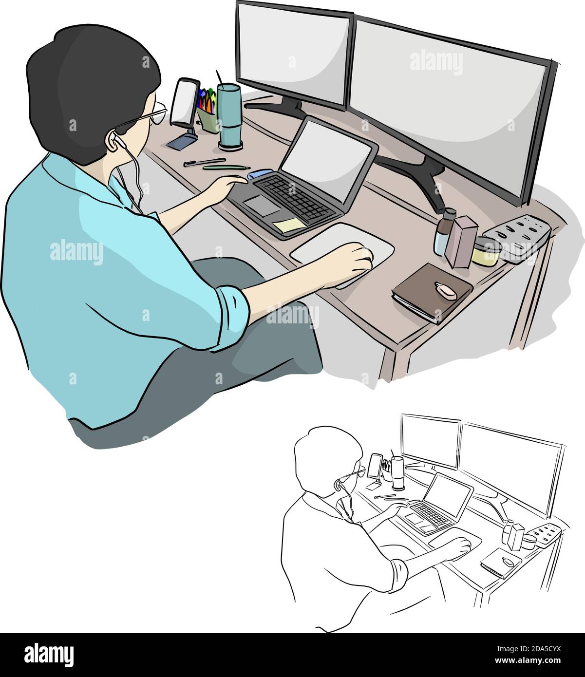 businessman working on desktop computer and laptop notebook vector ...