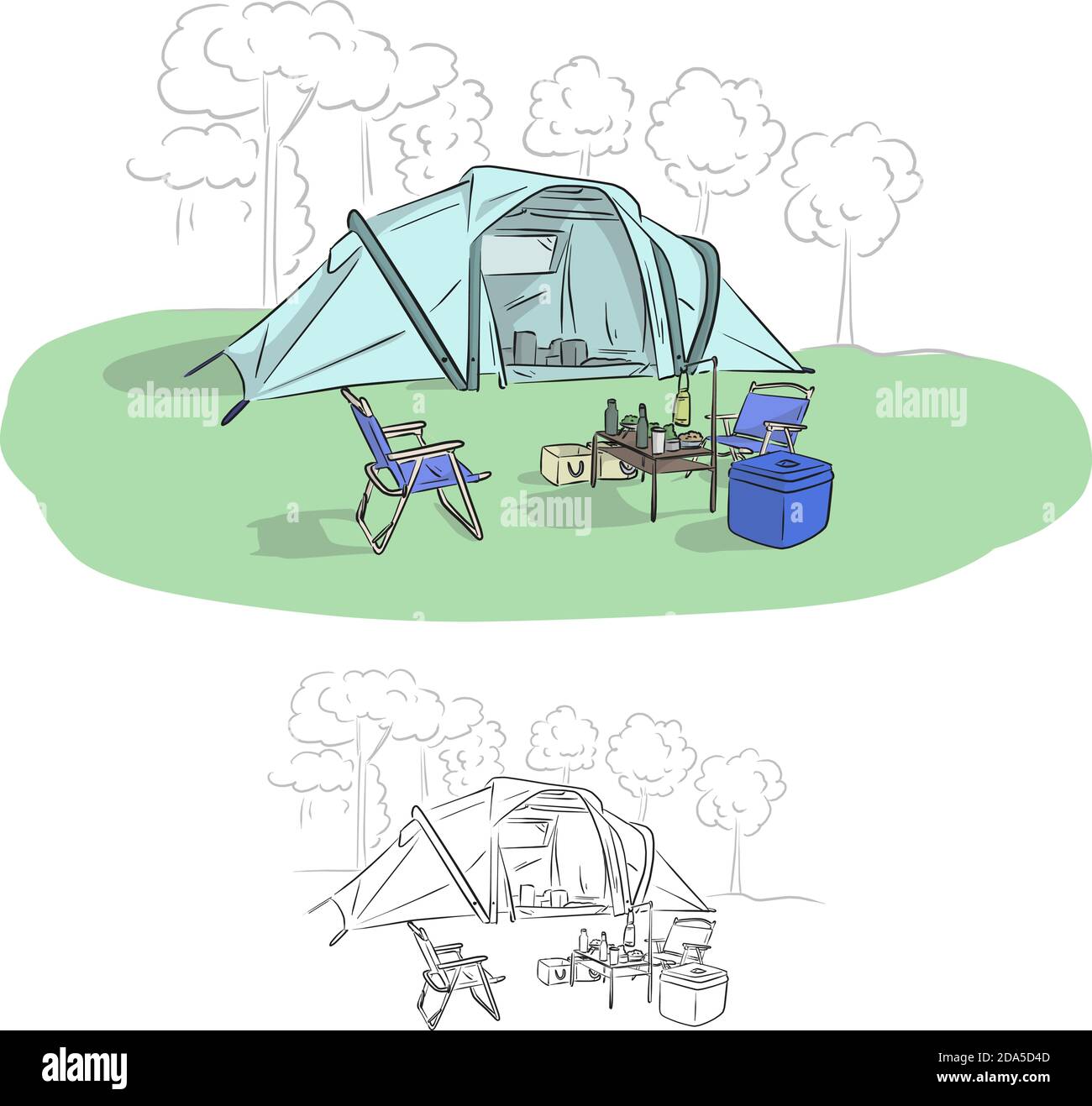 camp with chairs and table in forest vector illustration sketch doodle ...