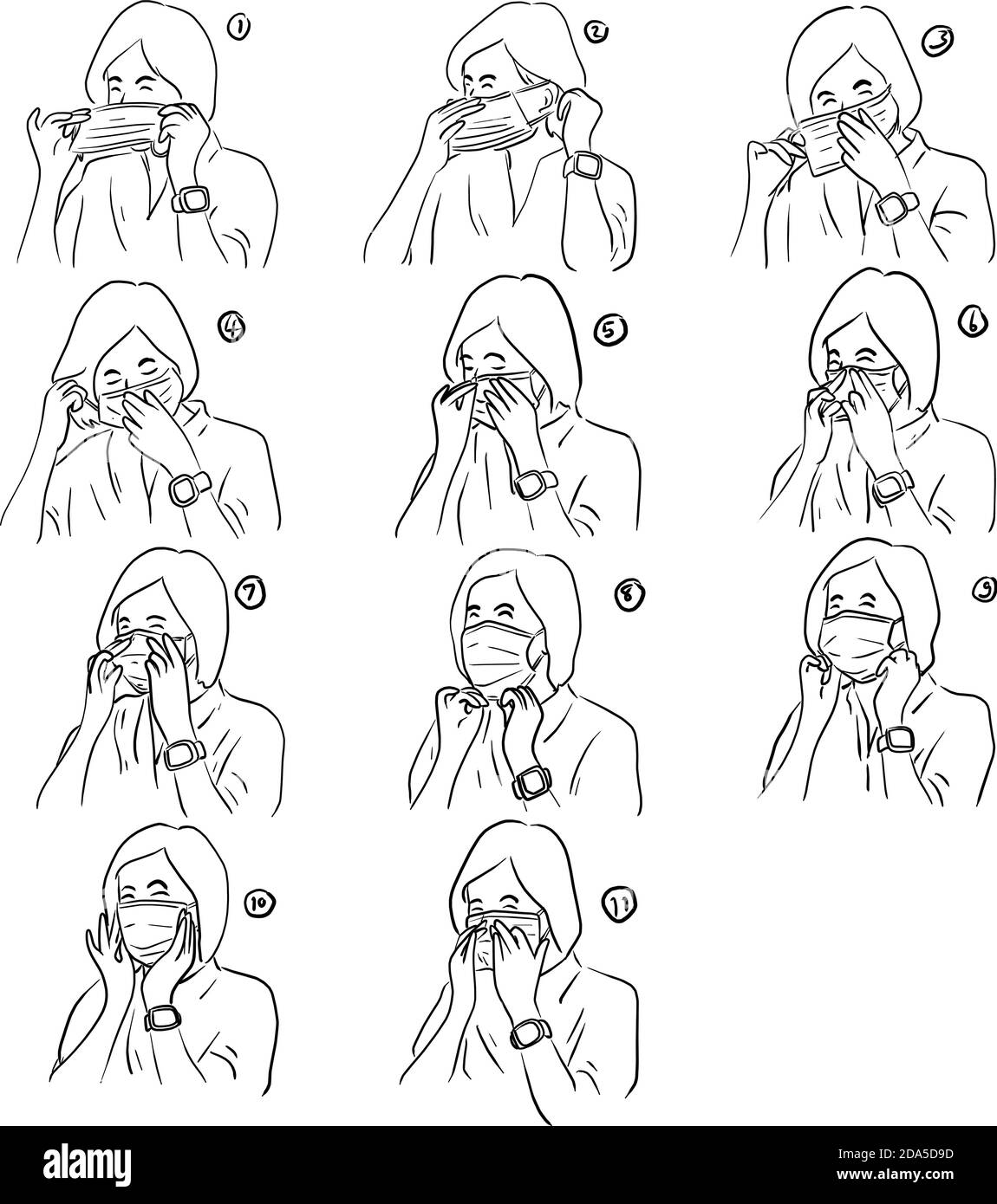 Set of woman showing how to correctly wear hygiene surgical mask vector ...