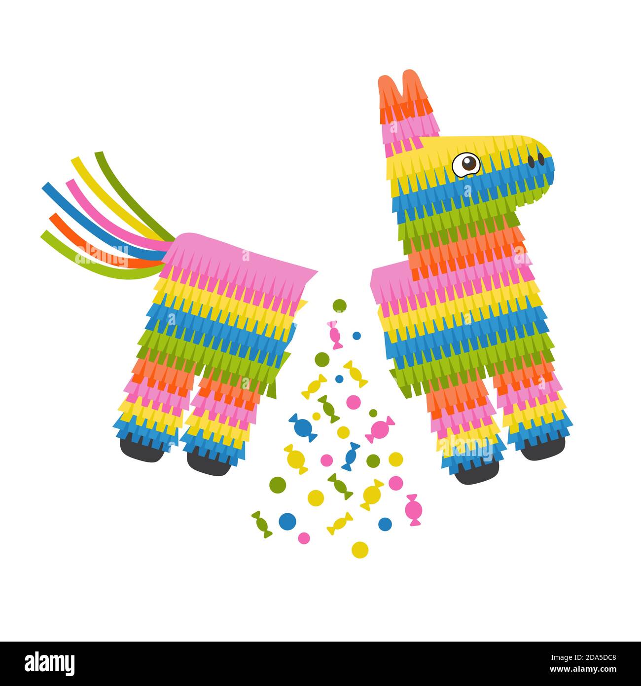 Broken pinata donkey for birthday party. Sweets and candy pour out from ...
