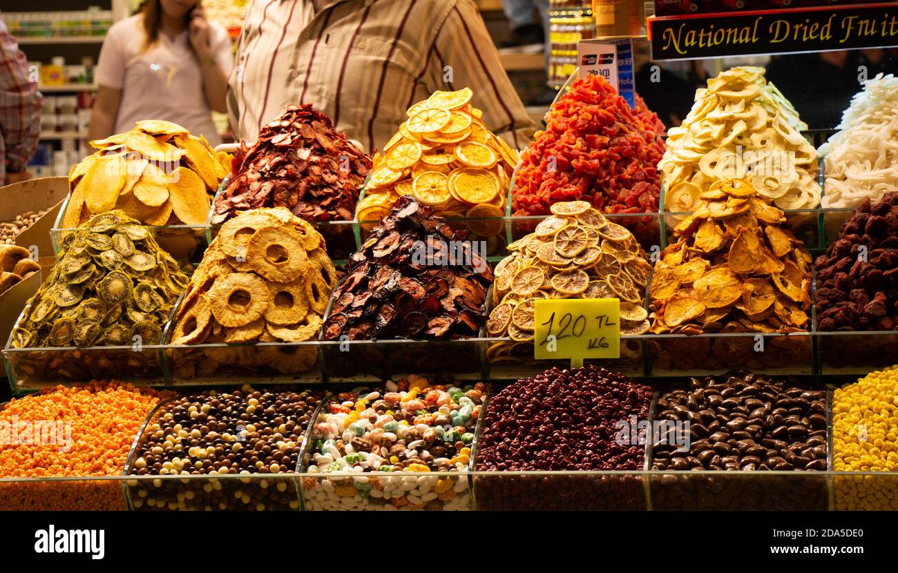 Various dried Fruit as snacks in a Bazaar Stock Photo - Alamy