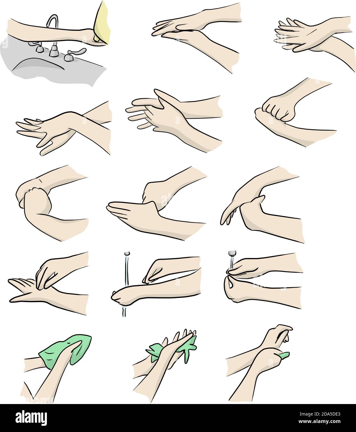 Different steps of washing hands vector colorful illustration sketch ...