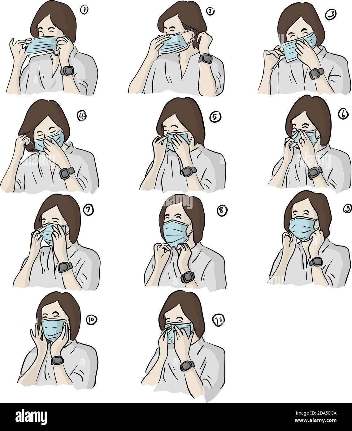 Set of woman showing how to correctly wear hygiene surgical mask with ...