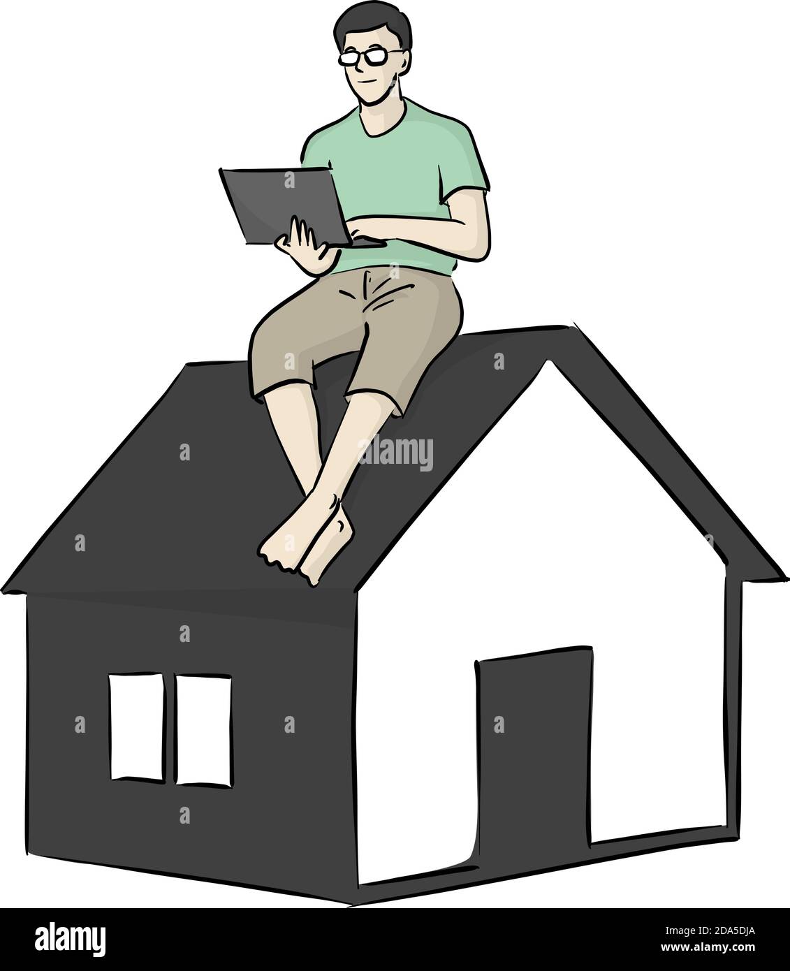 man with glasses working on computer laptop at small home vector ...