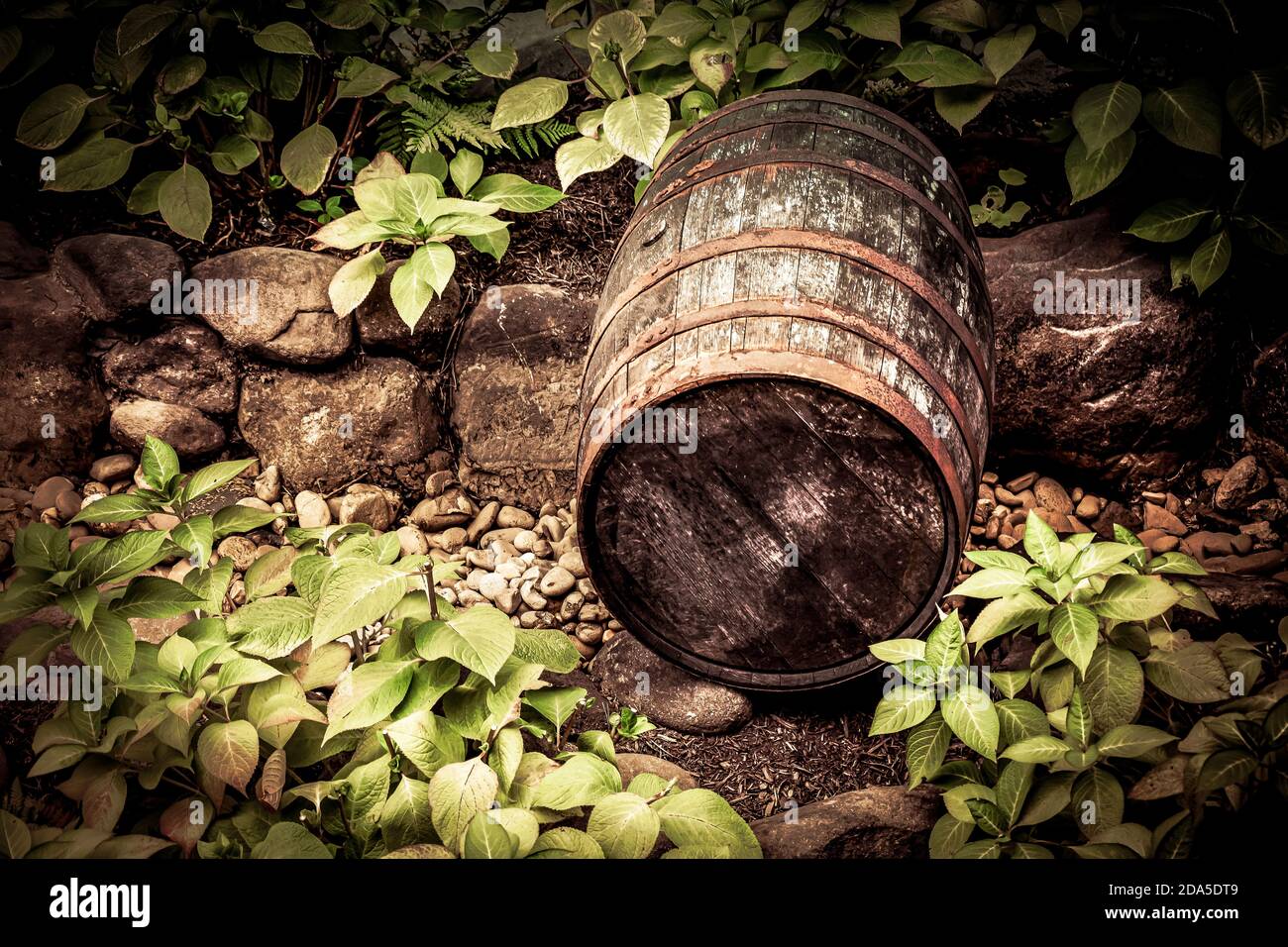 An old oak barrel with rusty steel bands lies on the bottom of a dry ...