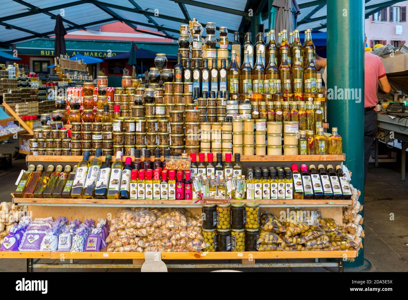 Colorful outdoor market, featuring local food items and goods. Display ...