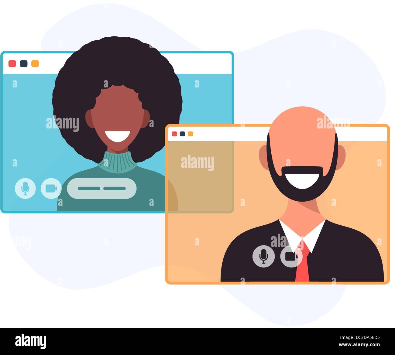 Illustration of two happy people talking via video call. Smiling men ...