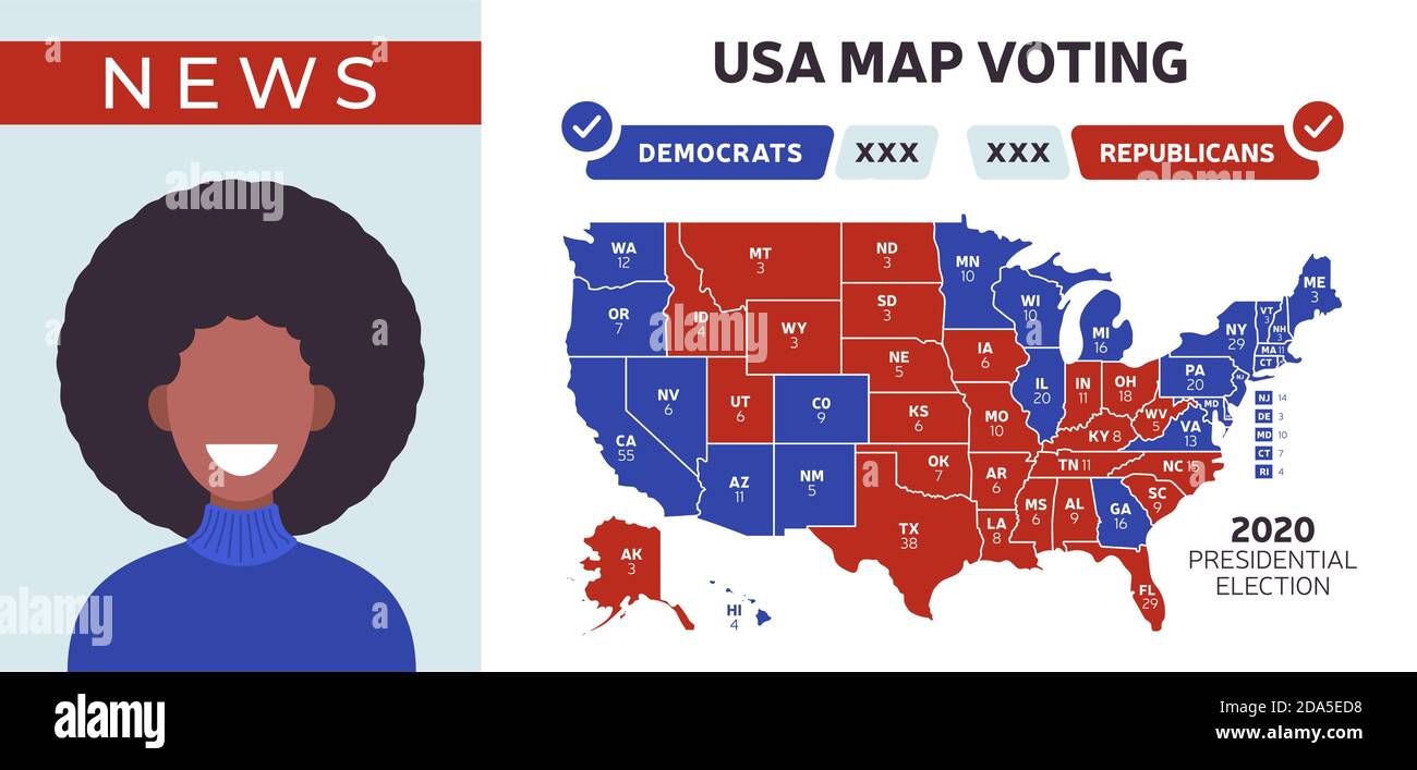 USA Presidential election results map. Female news presenter, breaking ...