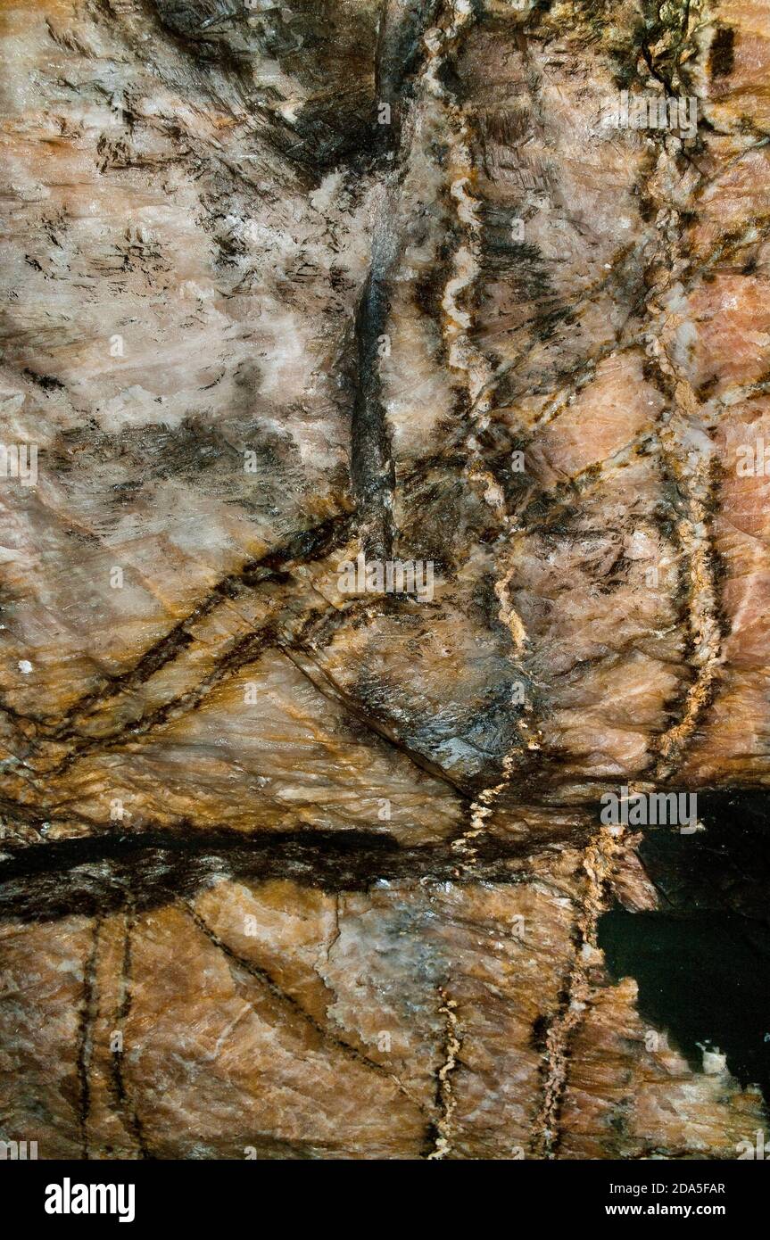 Mineral vein of heavily-stained and banded calcite in a section of Moss ...