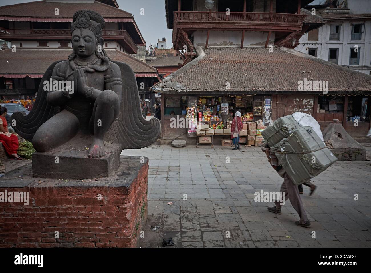 Kathmandu, Nepal, March 2009. An image of the god Garuda in front of a ...