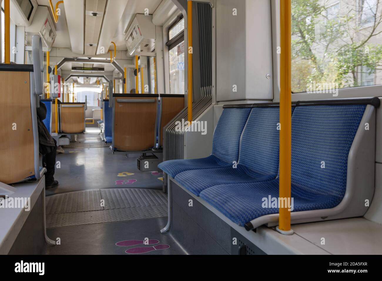 Seat and interior view of a corridor inside passenger trains or light ...