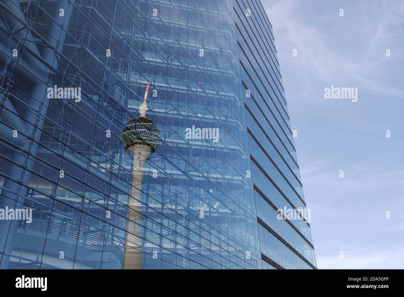 Exterior and low angle with detail of reflecting Rheinturm, Rhine tower ...