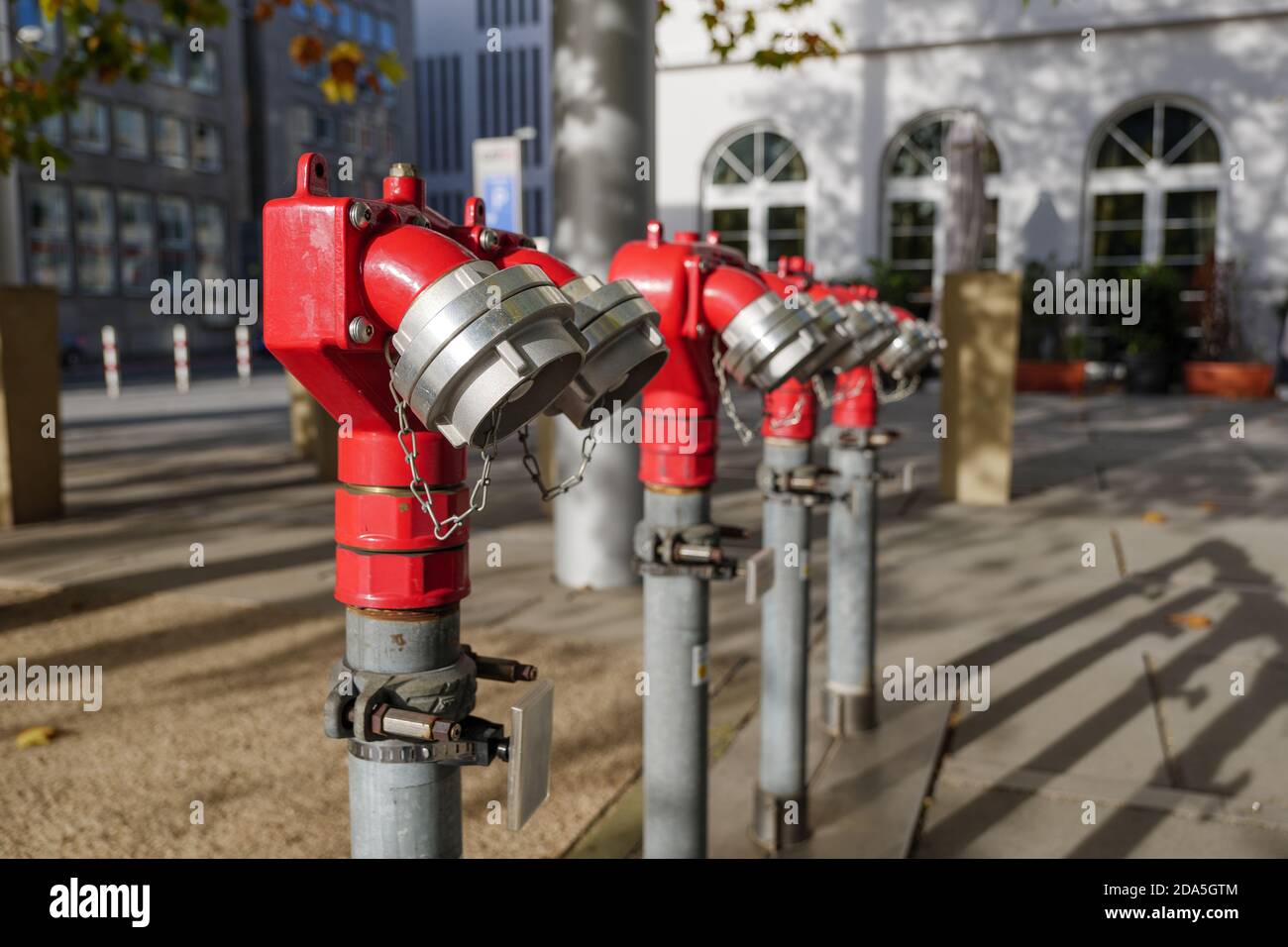 Selective focus at Red fire hydrant on sidewalk or plaza. Fire hydrant ...