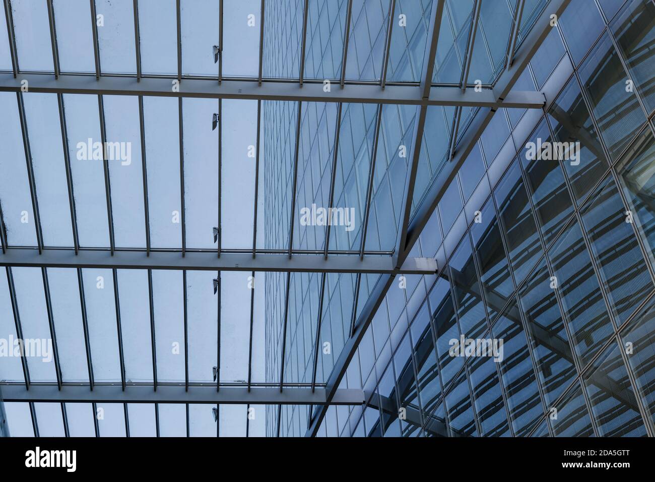 Low angle view of skylight with rectangular grid pattern over atrium ...