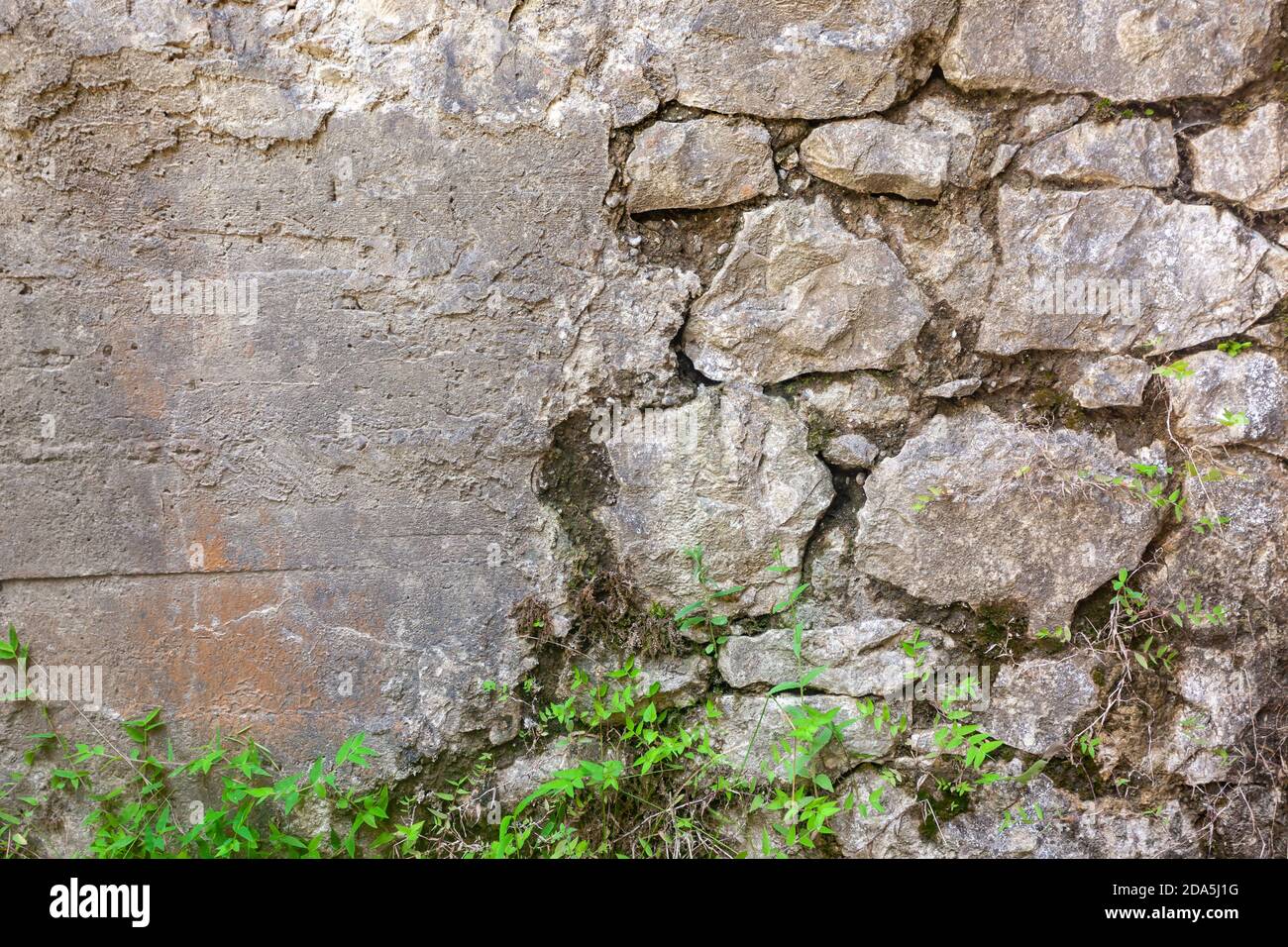 The old wall of cobbles is covered with plants Stock Photo - Alamy
