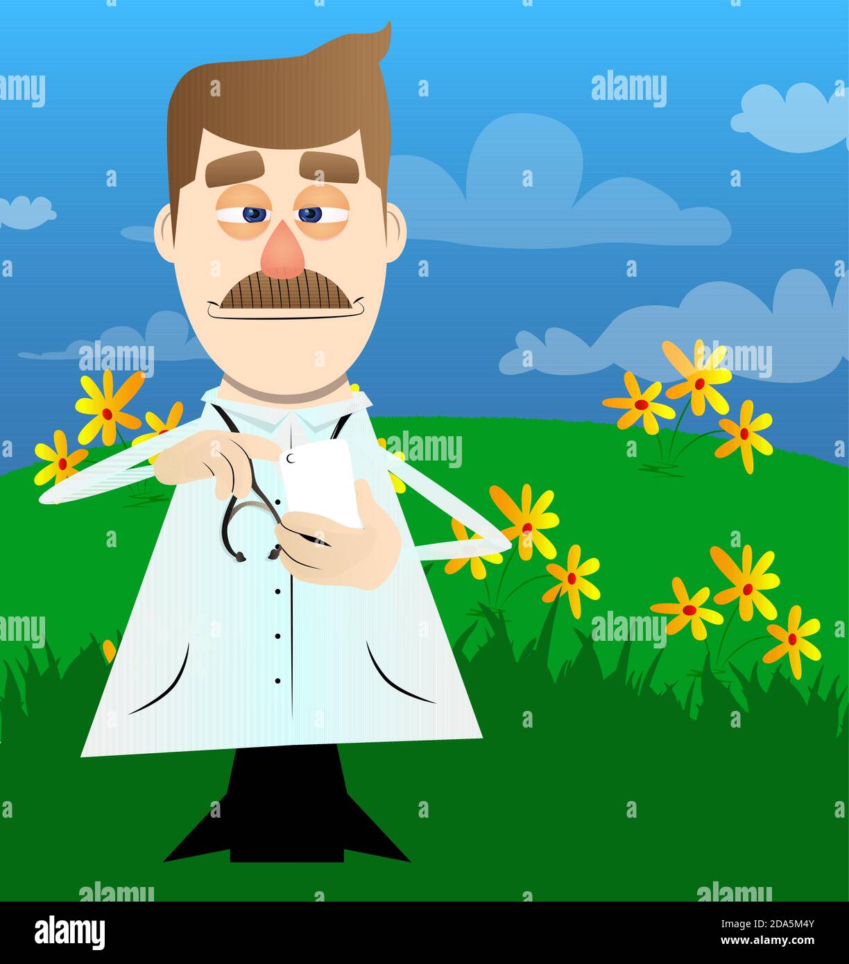 Funny cartoon doctor using a mobile phone. Vector illustration Stock ...
