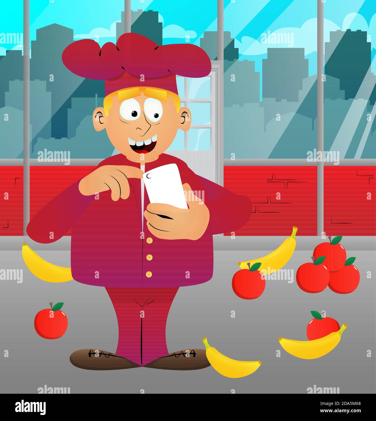 Fat male cartoon chef in uniform using a mobile phone. Vector ...