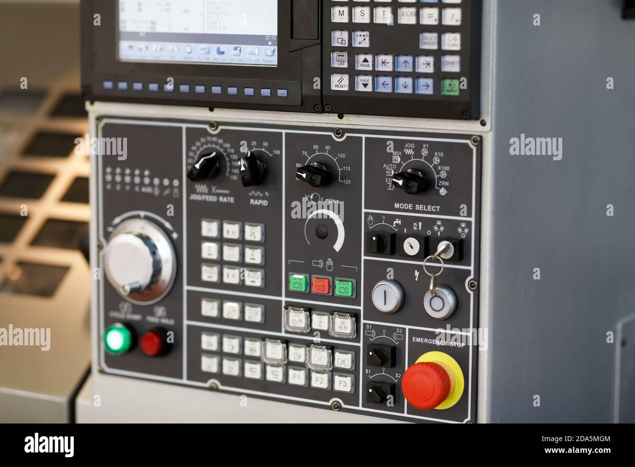 Control console of a CNC machining center. Selective focus Stock Photo ...