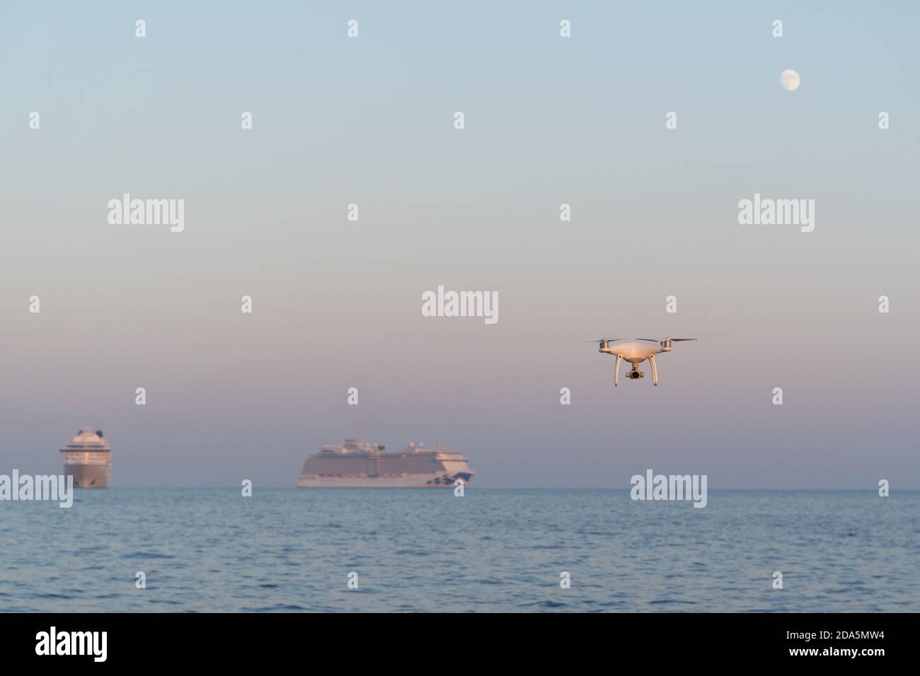 Concept of offshore drone package delivery and service, cruise ship ...