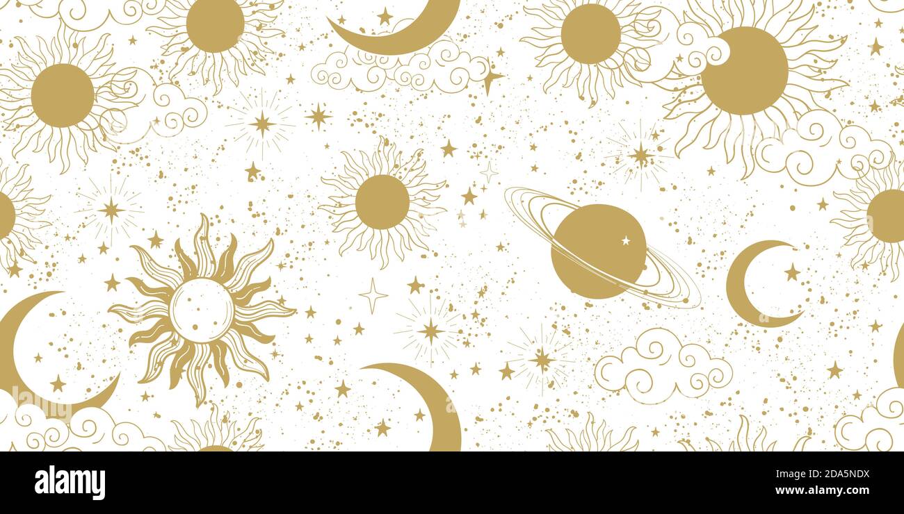 Seamless golden space pattern with sun, crescent, planets and stars on ...