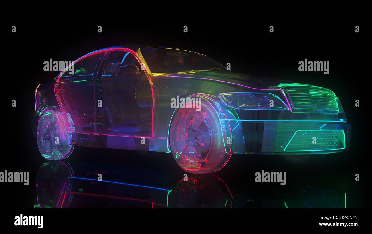 Glass car with neon lighting. The edges of the car are highlighted ...