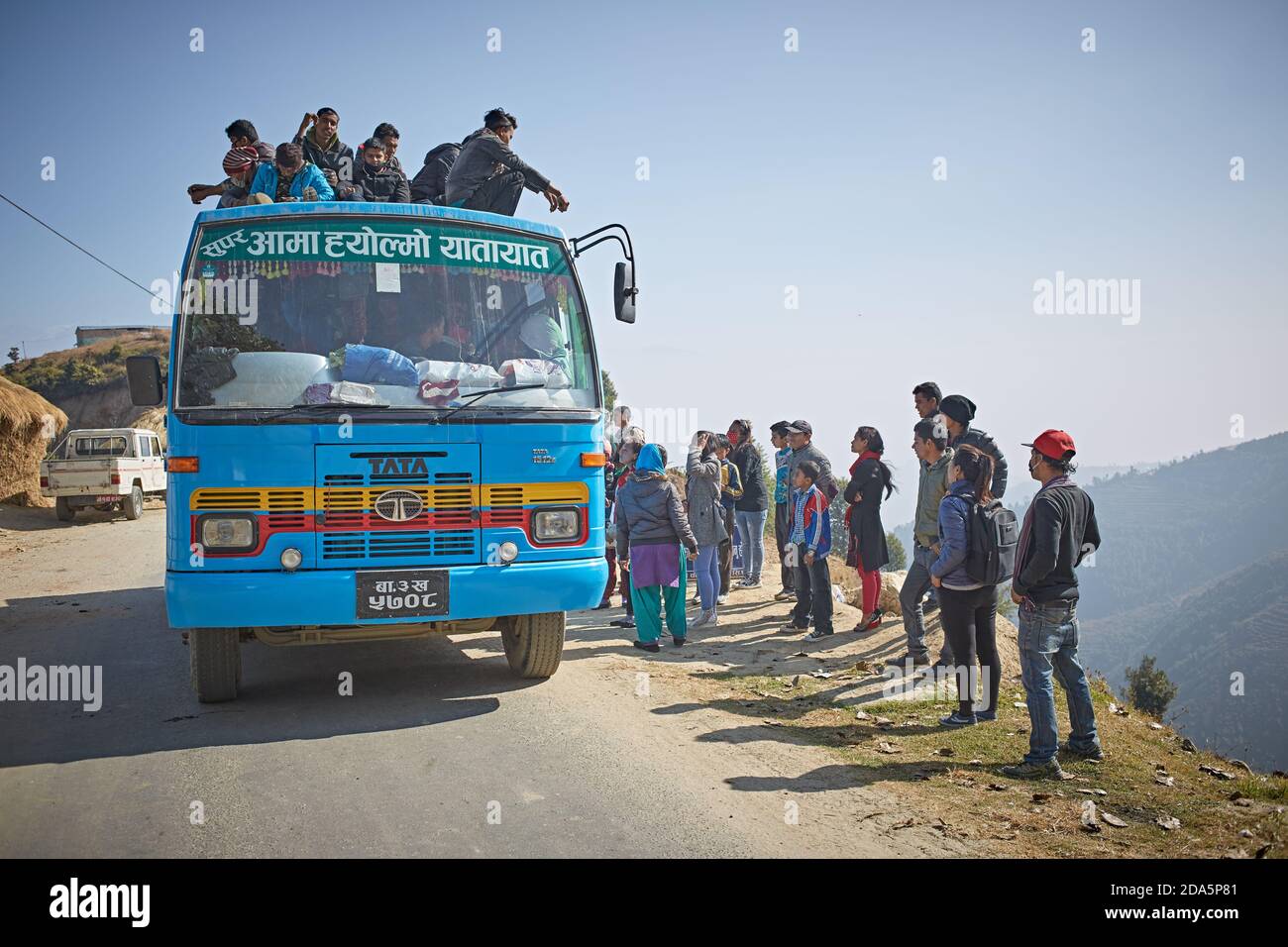 Sindhupalchowk, Nepal, January 2016. Bus overloaded of passengers Stock ...