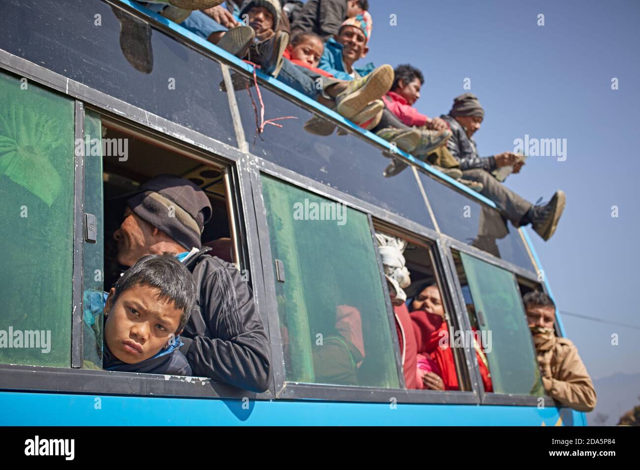 Sindhupalchowk, Nepal, January 2016. Bus overloaded of passengers Stock ...