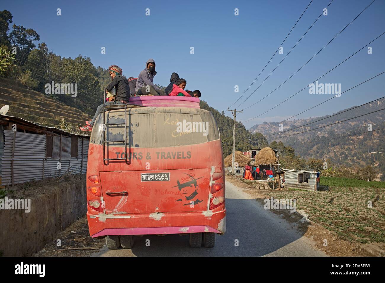 Sindhupalchowk, Nepal, January 2016. Bus overloaded of passengers Stock ...