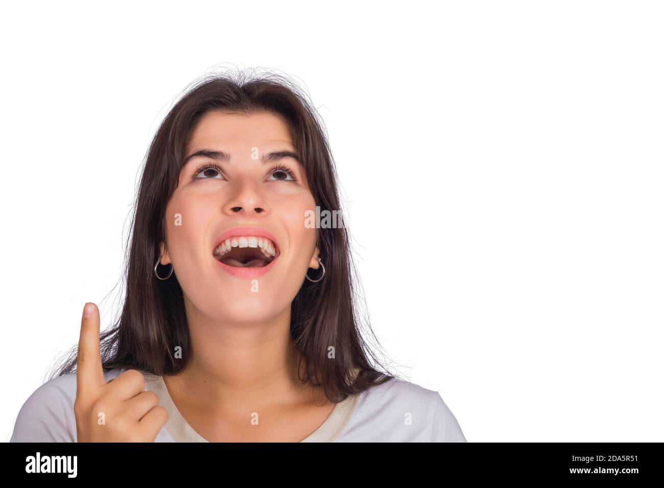 Woman showing and pointing something Stock Photo - Alamy