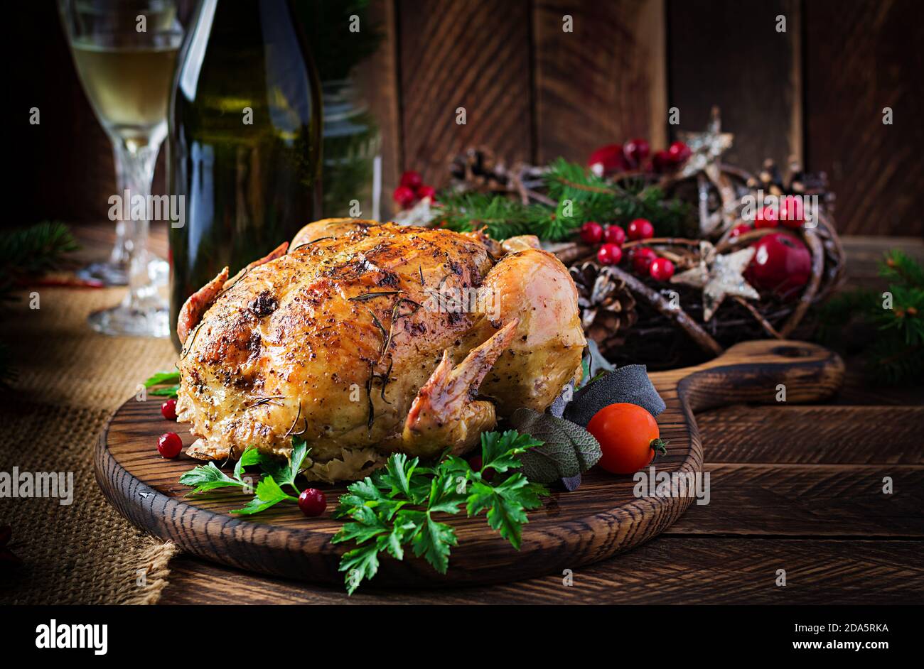 Baked turkey or chicken. The Christmas table is served with a turkey ...