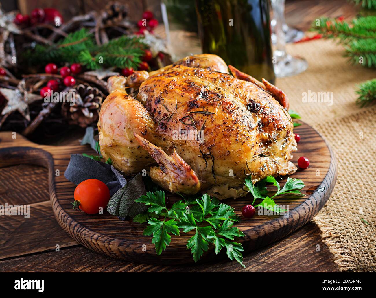 Baked turkey or chicken. The Christmas table is served with a turkey ...