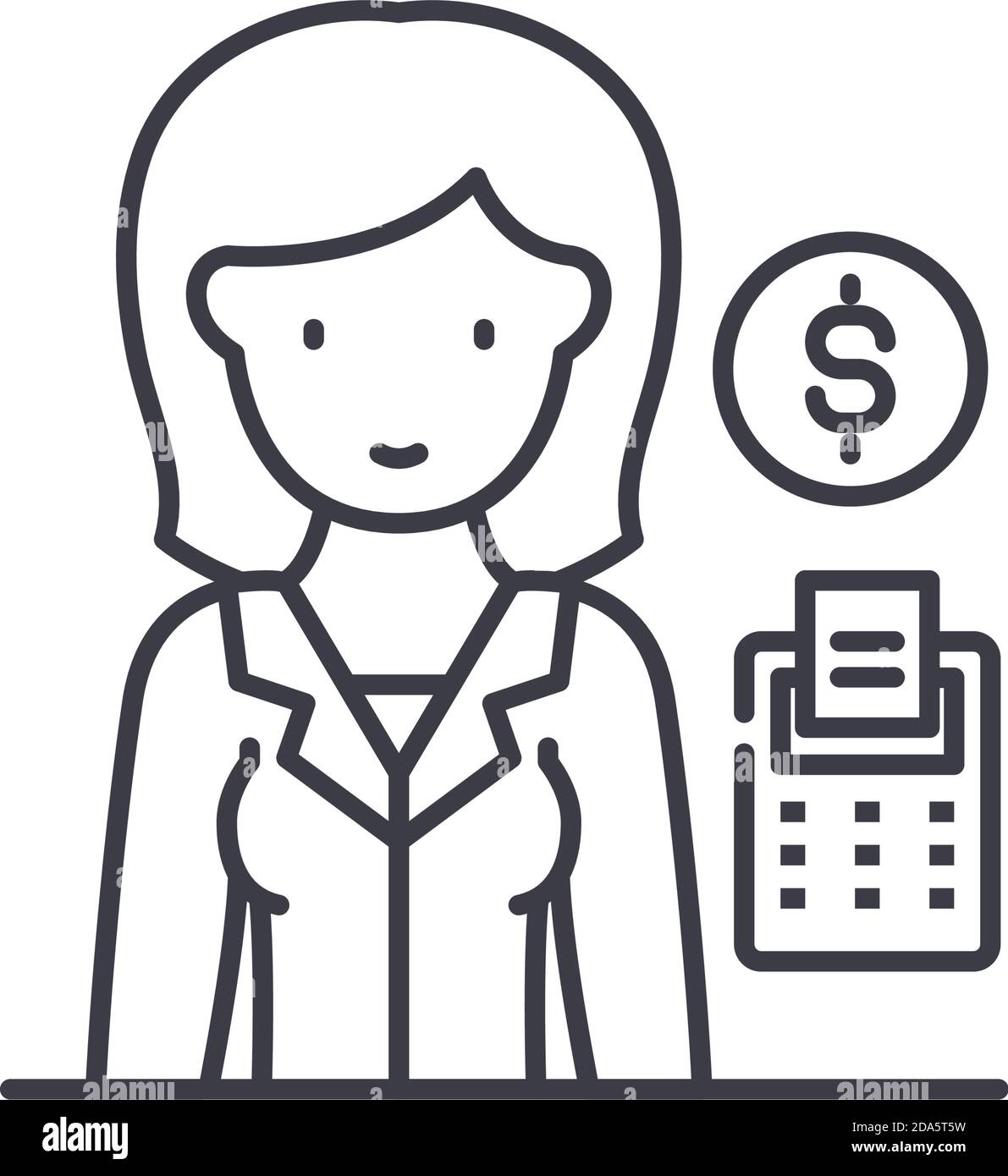 Accountant with cashmachine icon, linear isolated illustration, thin line vector, web design ...