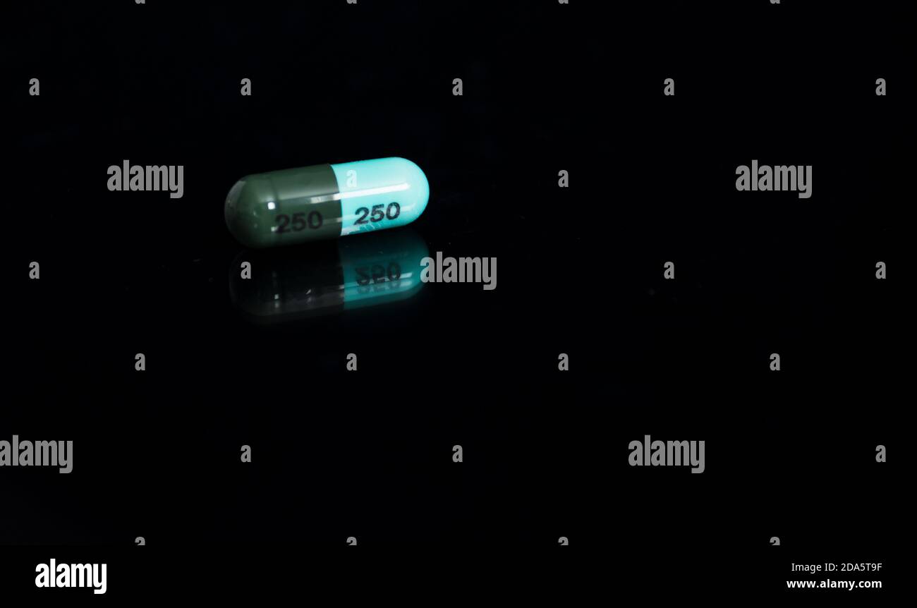 Medical concept, Drug capsule for treatment on black background Stock ...