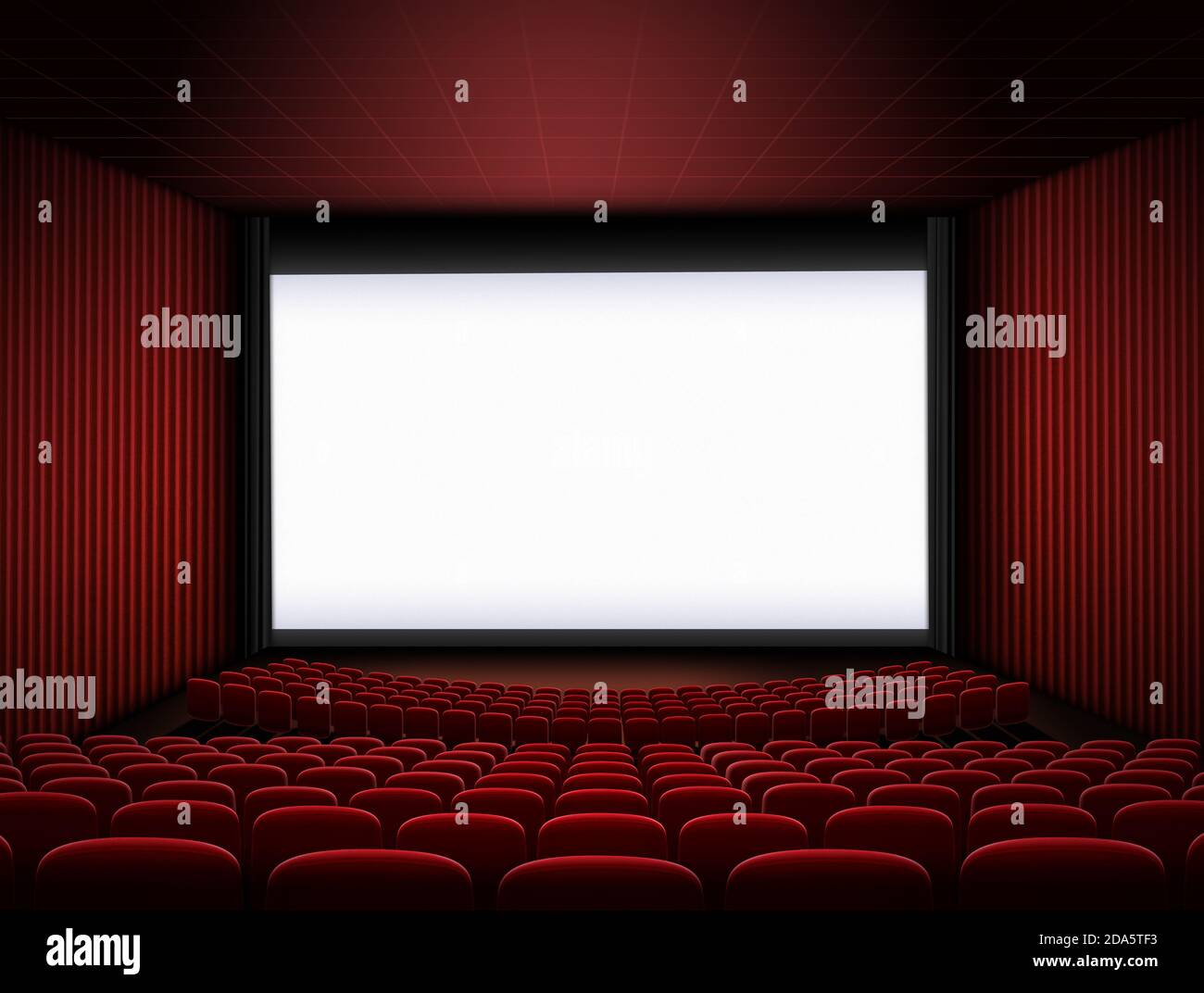 cinema hall with big screen and red seats 3d illustration Stock Photo ...