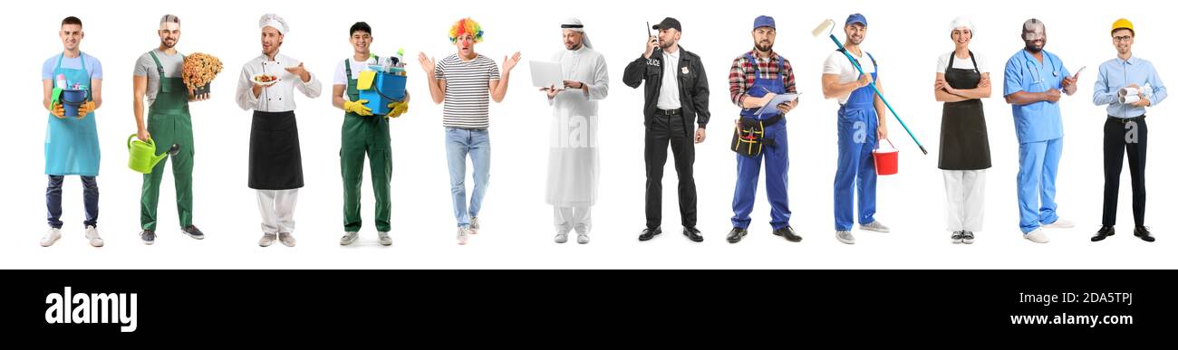 Collage with people of different professions on white background Stock ...