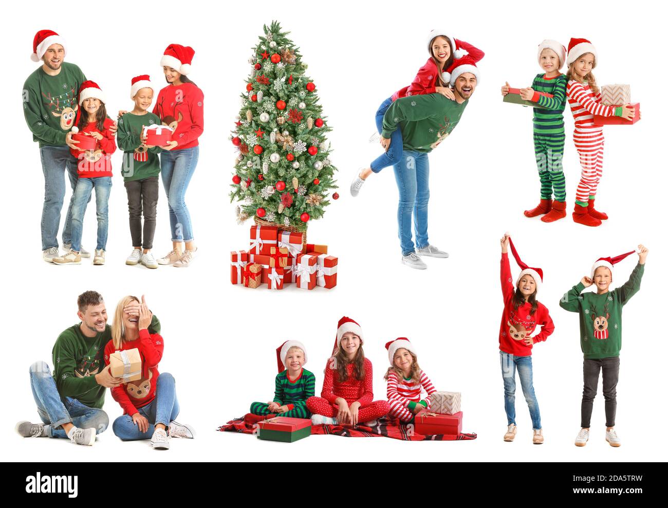 Collage with different people celebrating Christmas on white background ...
