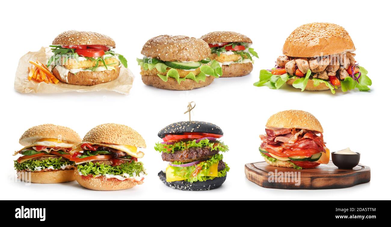 Collage of different tasty burgers on white background Stock Photo - Alamy
