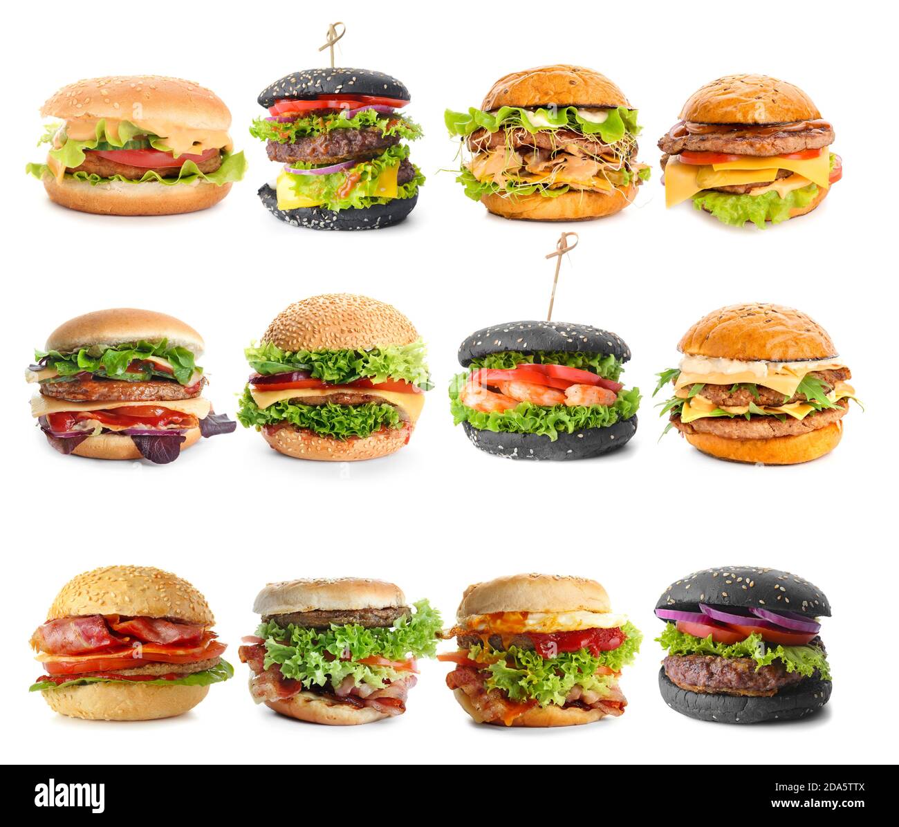 Collage of different tasty burgers on white background Stock Photo - Alamy