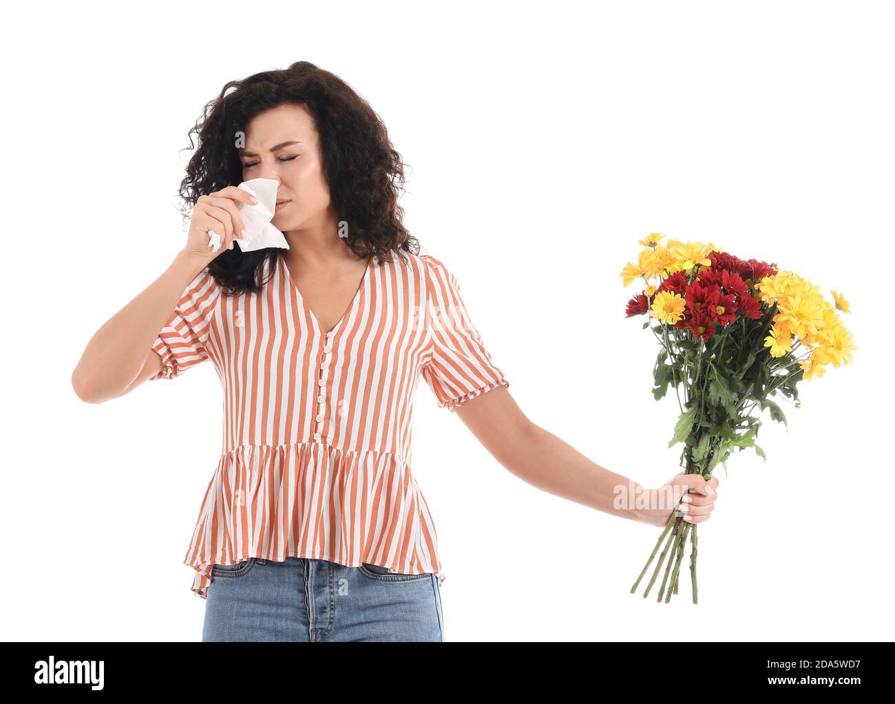 Young allergic woman with flowers on white background Stock Photo - Alamy