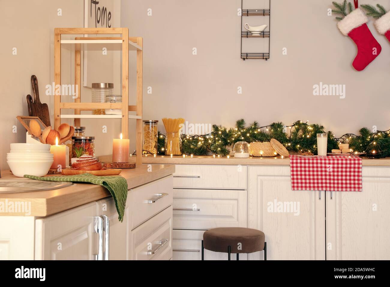Interior of modern kitchen decorated for Christmas Stock Photo - Alamy