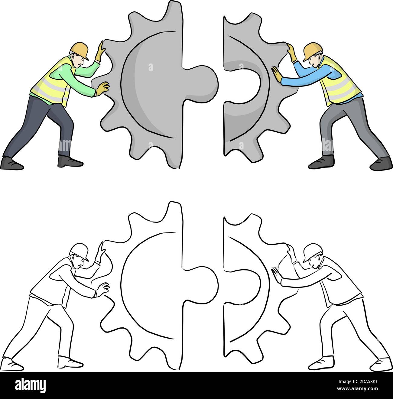 engineer put the geer jigsaw puzzle together vector illustration sketch ...
