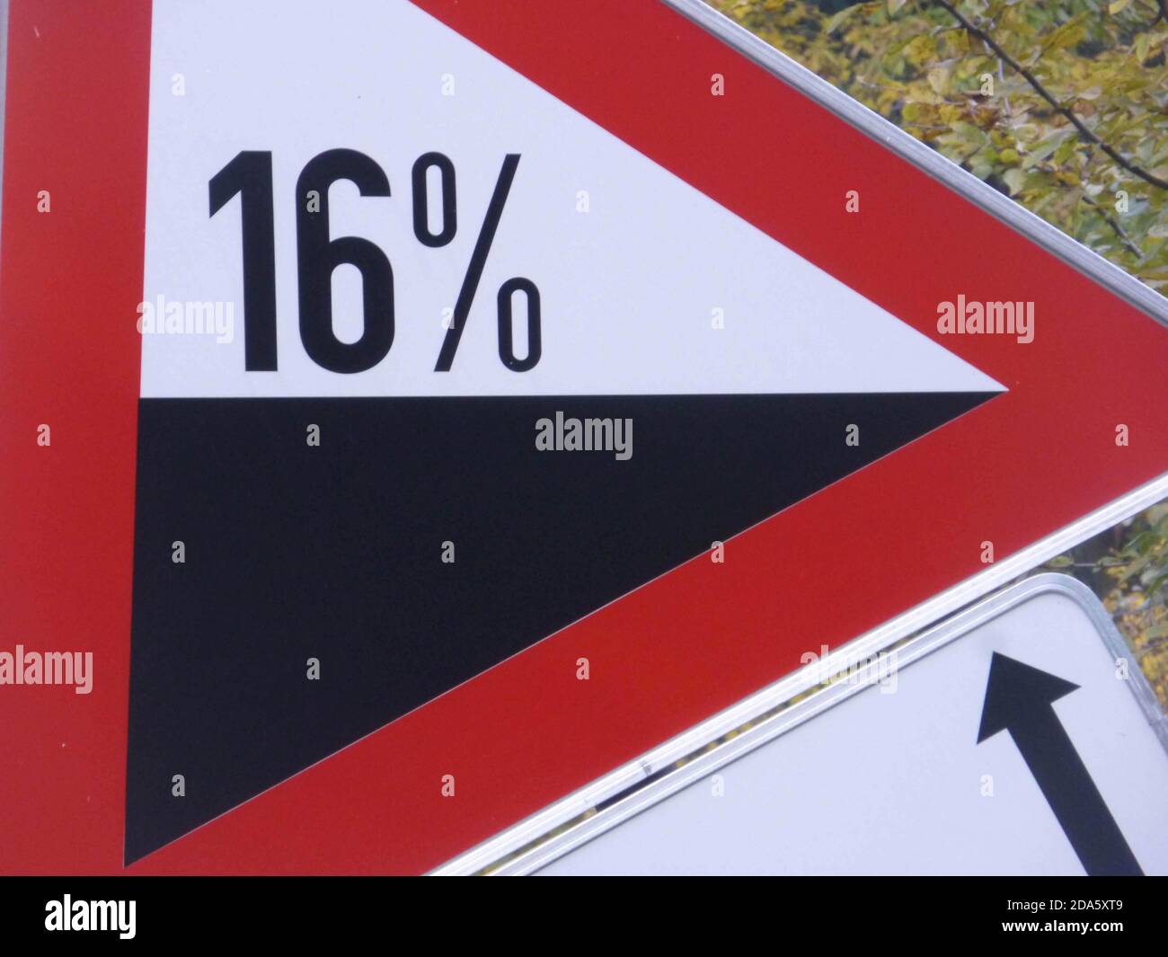 traffic sign gradient 16%, steep road ahead, red triangle, tree in ...