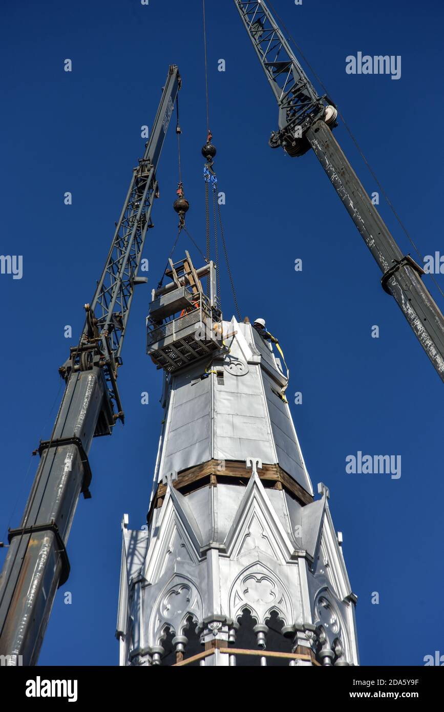 Repair of the steeple of the church of Saint-Pie in Quebec, Canada with ...