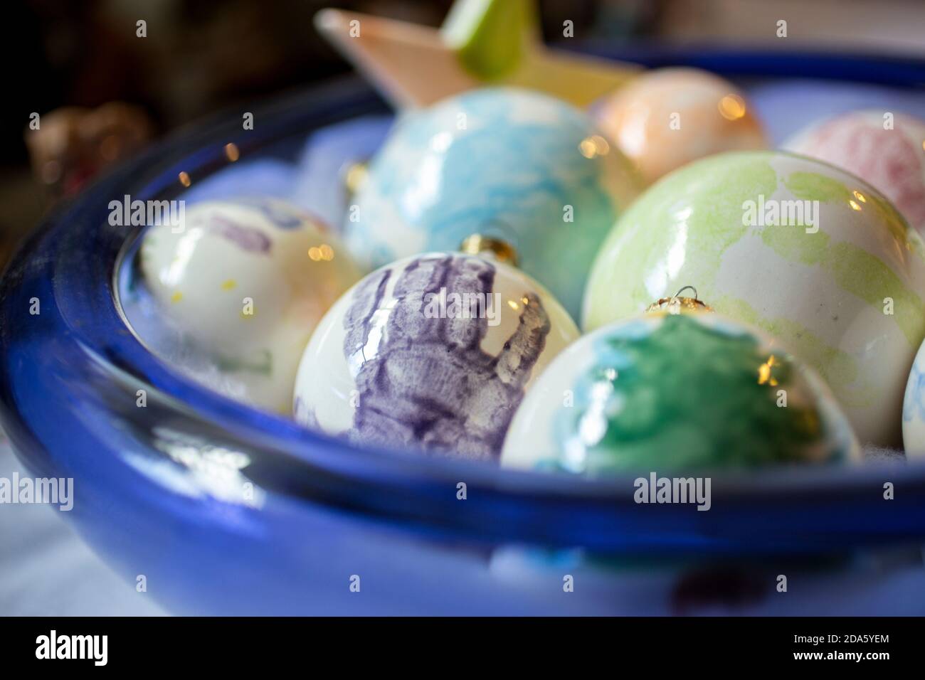 Baby and child handprint decorated ceramic Christmas ornaments in blue ...